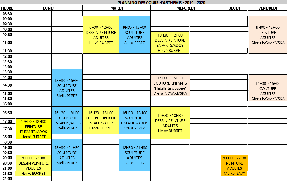 Arthemis, planning et horaires des activités | Arthemis
